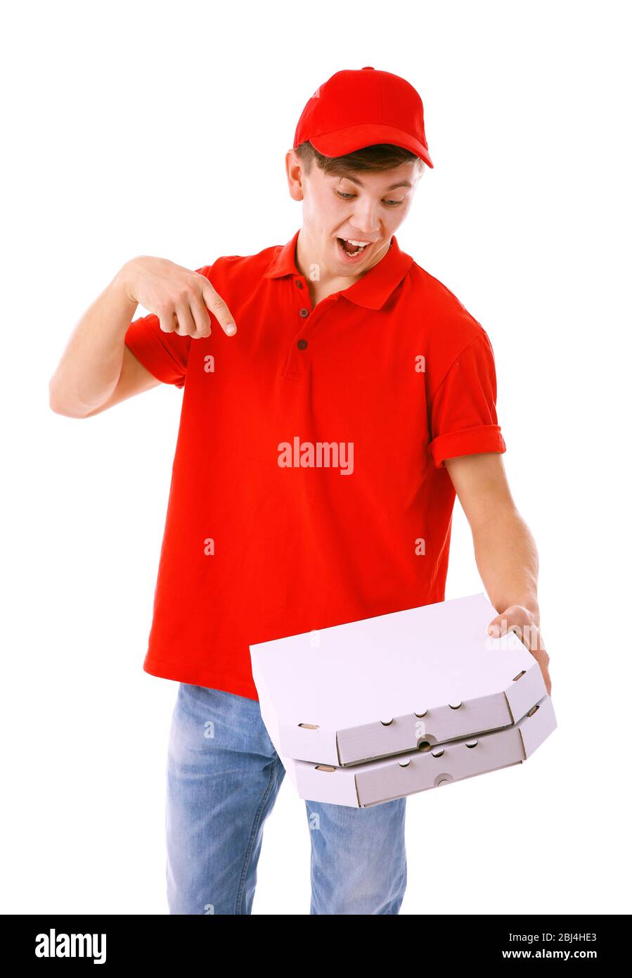 Delivery boy with cardboard pizza boxes isolated on white Stock Photo ...