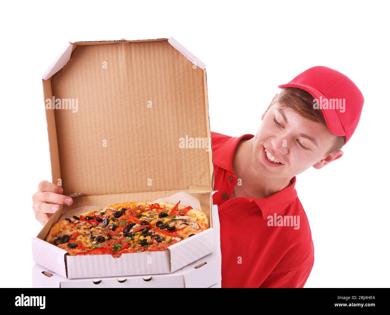 Delivery boy with cardboard pizza boxes isolated on white Stock Photo ...