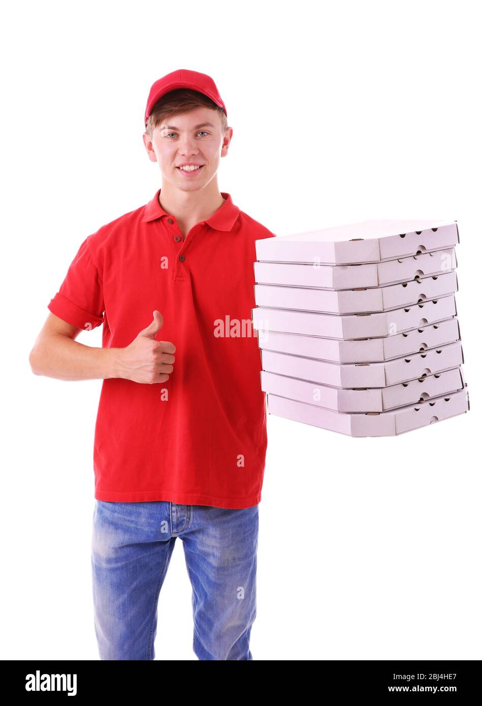 Delivery boy with cardboard pizza boxes isolated on white Stock Photo ...