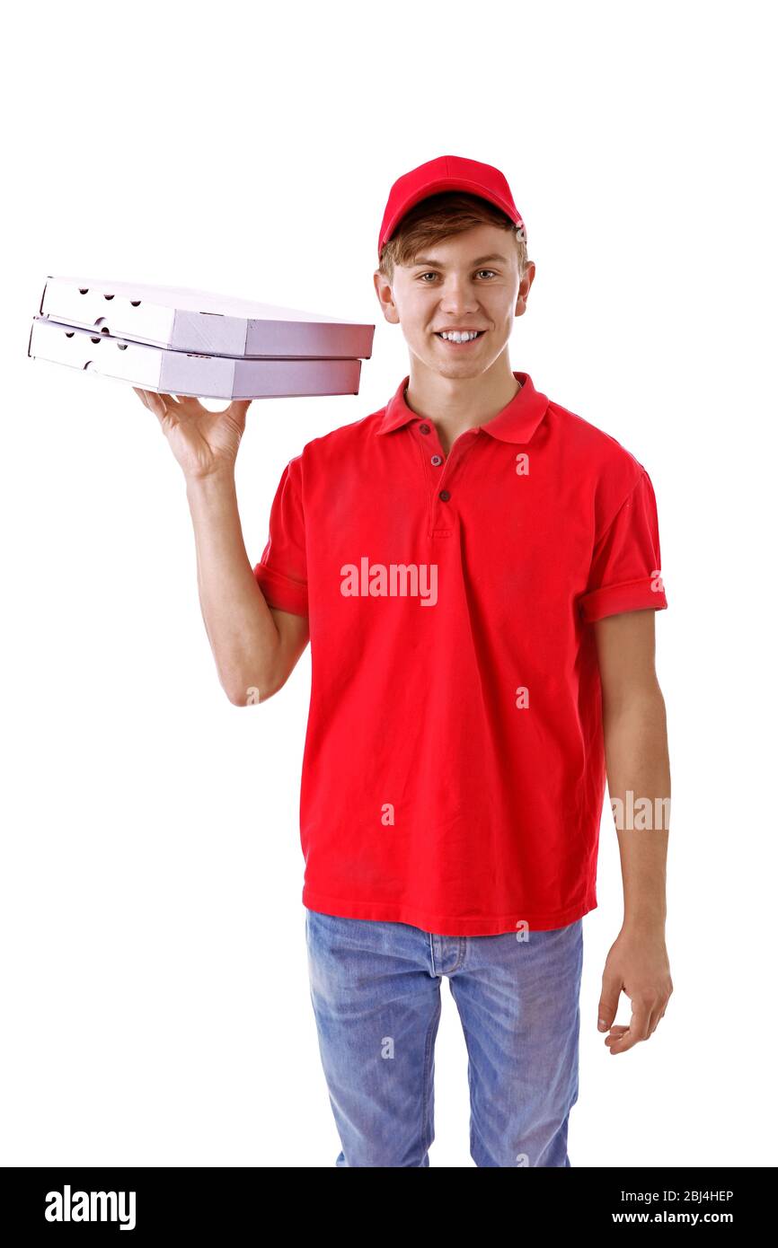 Delivery boy with cardboard pizza boxes isolated on white Stock Photo ...