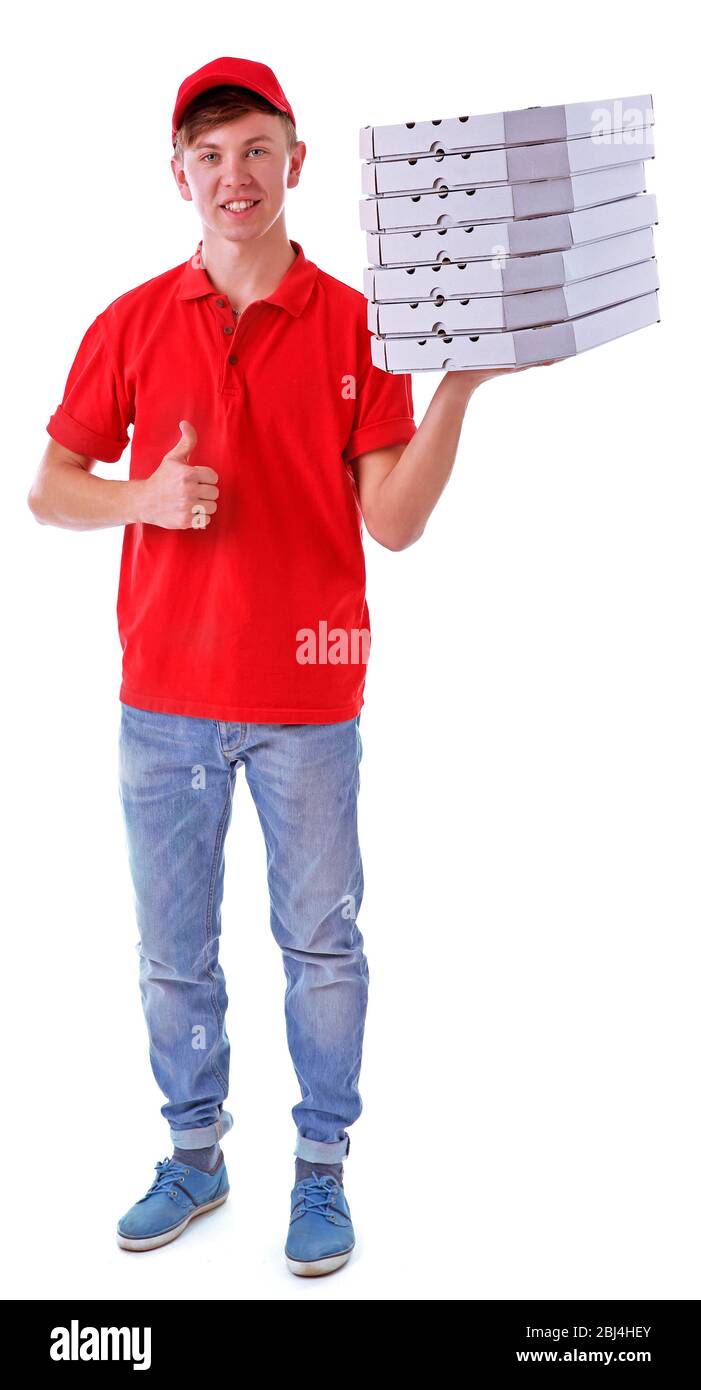 Delivery boy with cardboard pizza boxes isolated on white Stock Photo ...