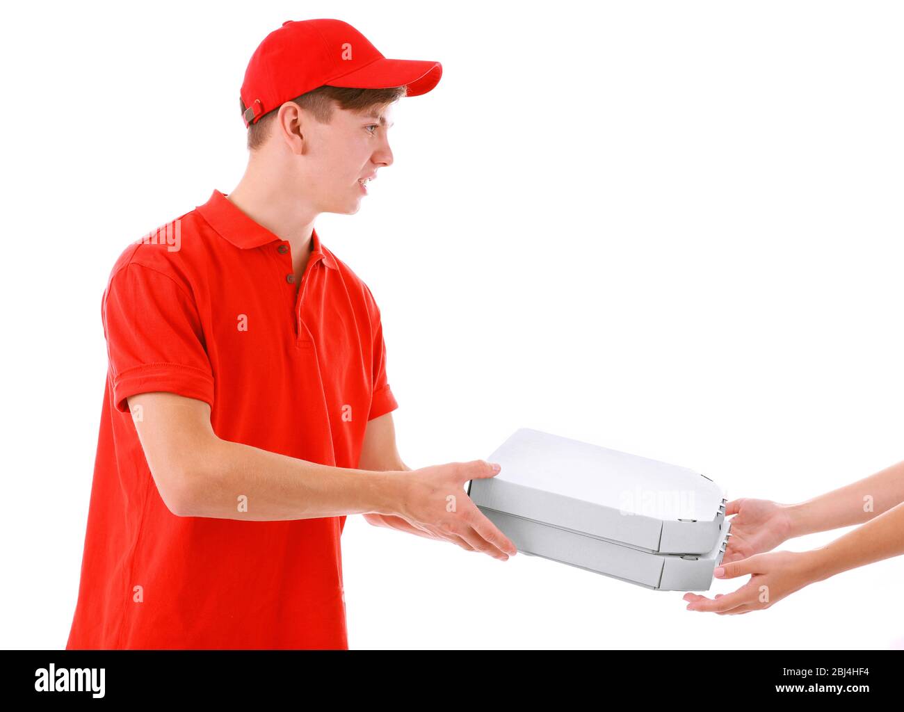 Delivery boy with cardboard pizza boxes isolated on white Stock Photo ...
