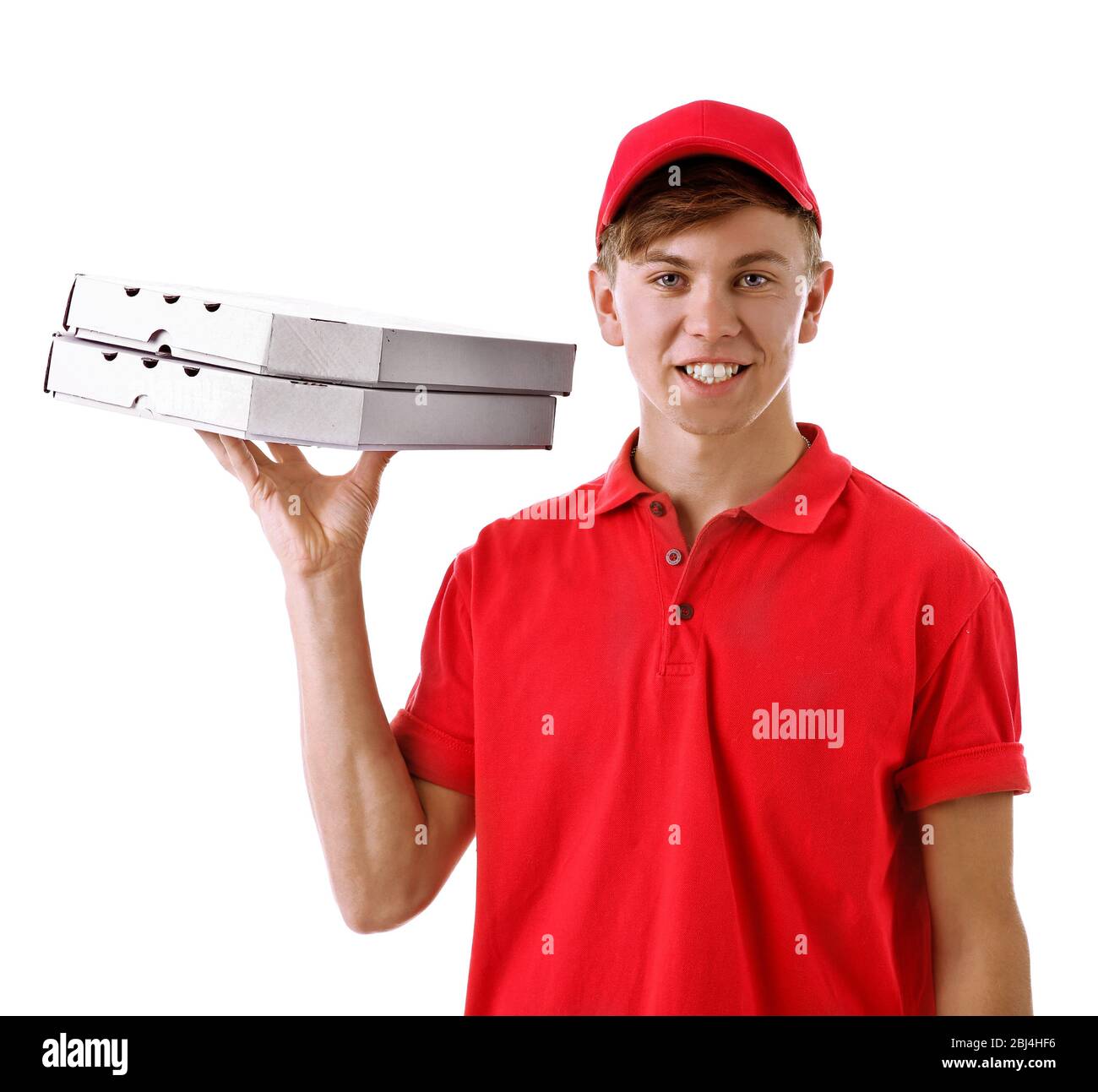 Delivery boy with cardboard pizza boxes isolated on white Stock Photo ...