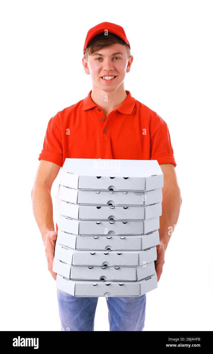 Delivery boy with cardboard pizza boxes isolated on white Stock Photo ...