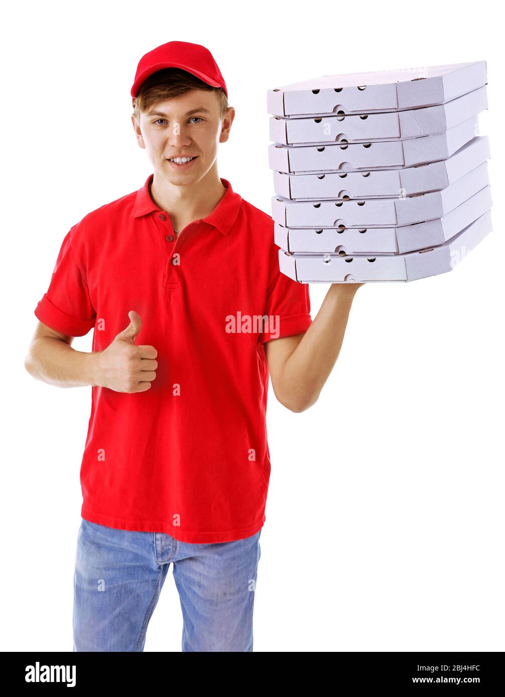 Delivery boy with cardboard pizza boxes isolated on white Stock Photo ...