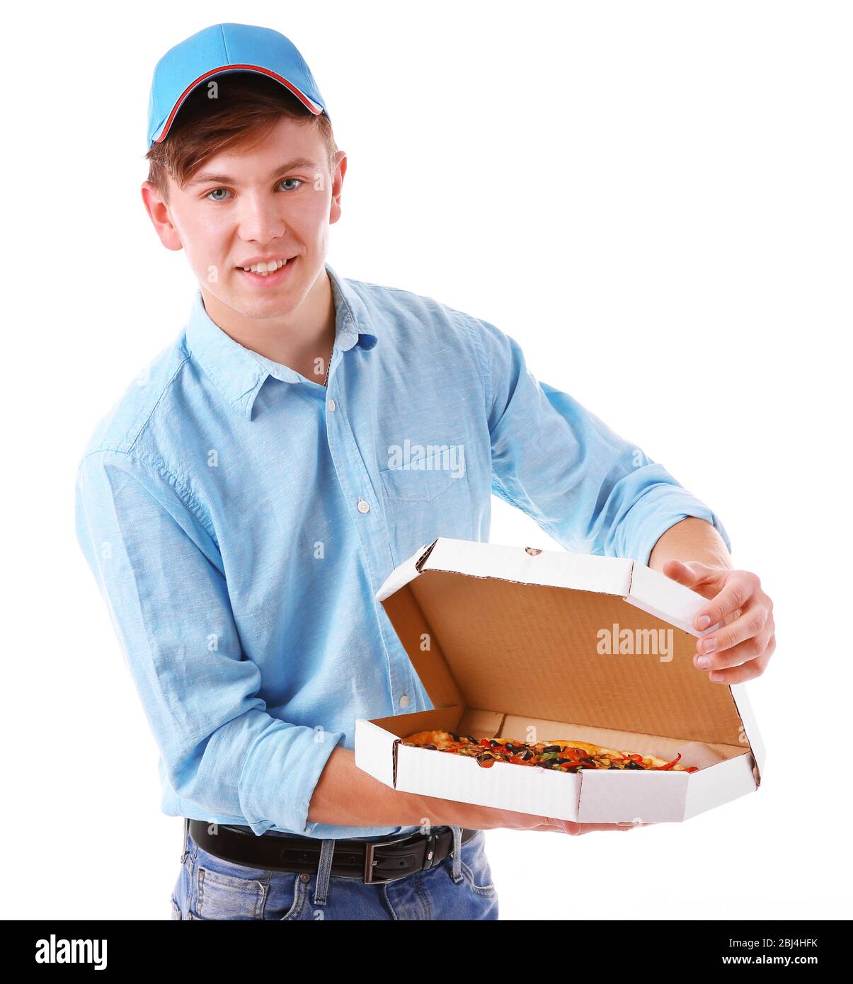 Delivery boy with cardboard pizza box isolated on white Stock Photo - Alamy