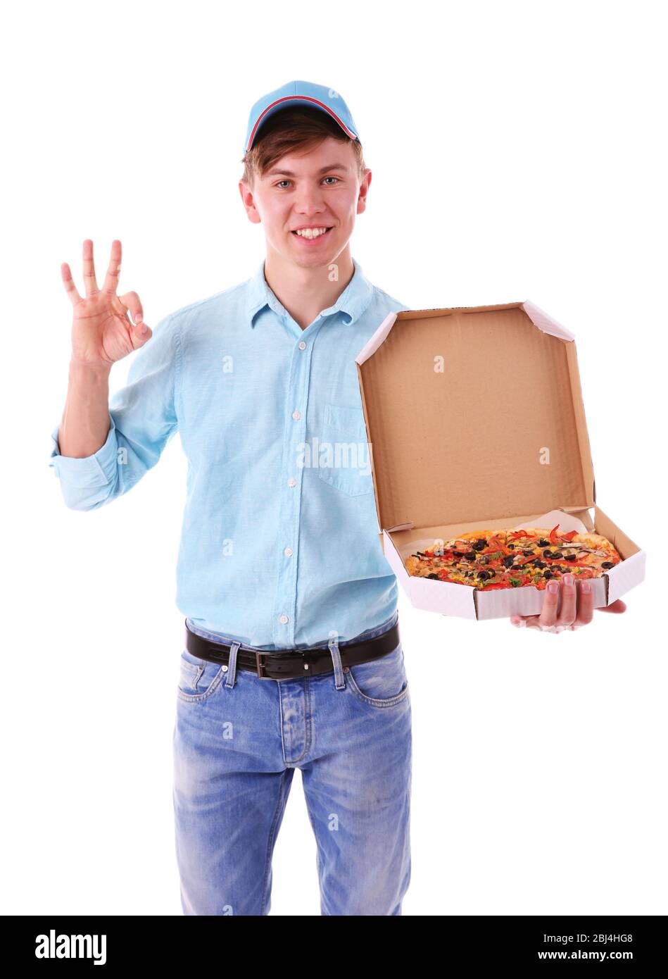Delivery boy with cardboard pizza box isolated on white Stock Photo - Alamy