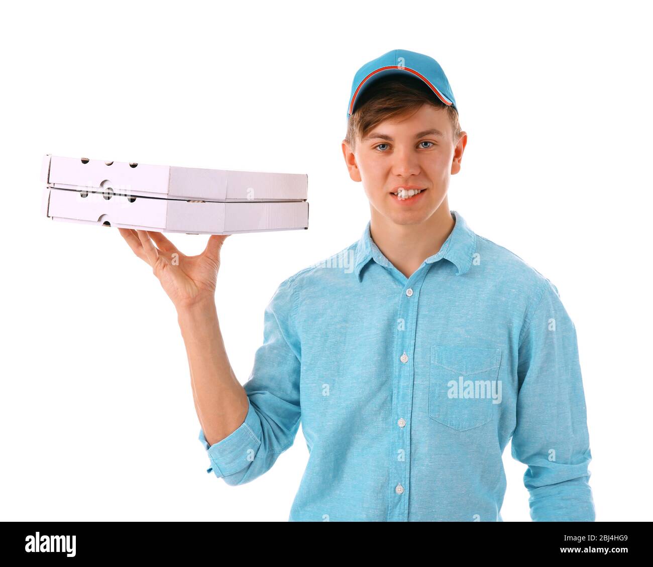 Delivery boy with cardboard pizza boxes isolated on white Stock Photo ...