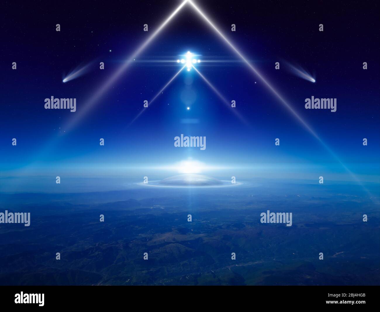 Abstract sci-fi collage - aliens space ship above aliens colony on ...