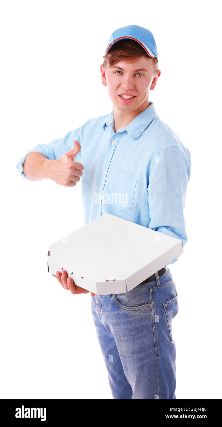 Delivery boy with cardboard pizza boxes isolated on white Stock Photo ...