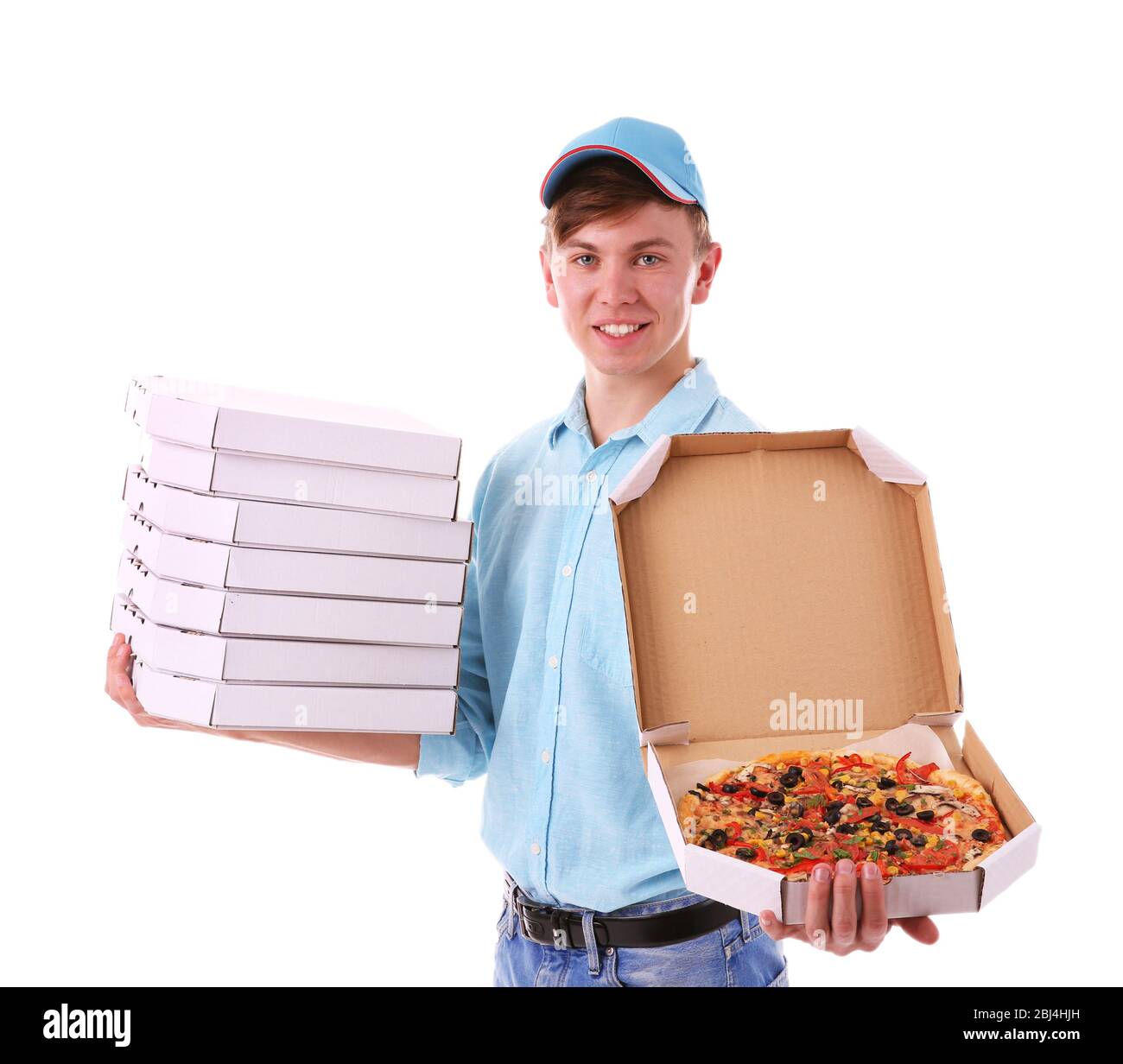 Delivery boy with cardboard pizza boxes isolated on white Stock Photo ...
