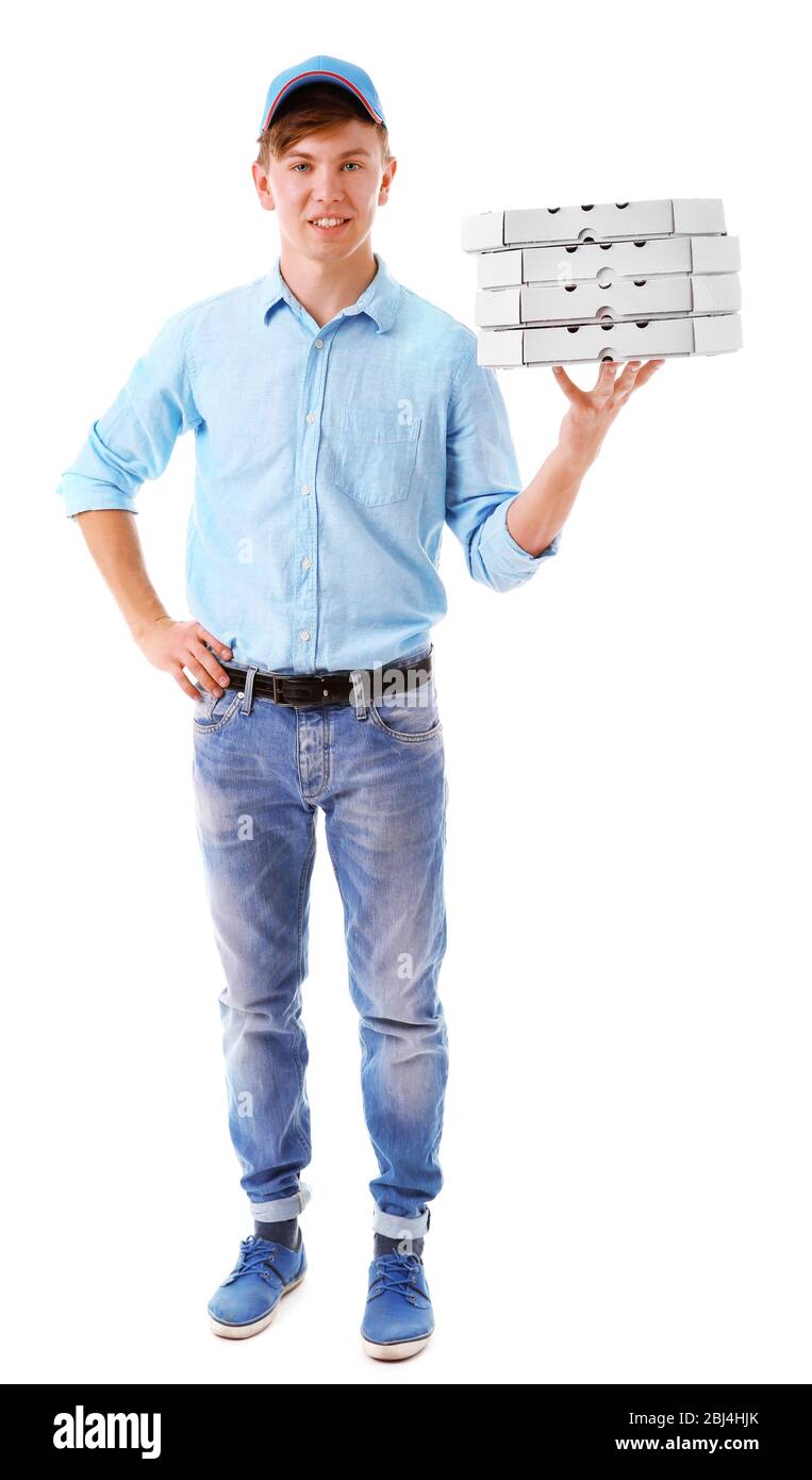 Delivery boy with cardboard pizza boxes isolated on white Stock Photo ...