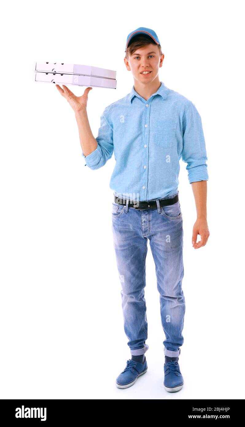 Delivery boy with cardboard pizza boxes isolated on white Stock Photo ...