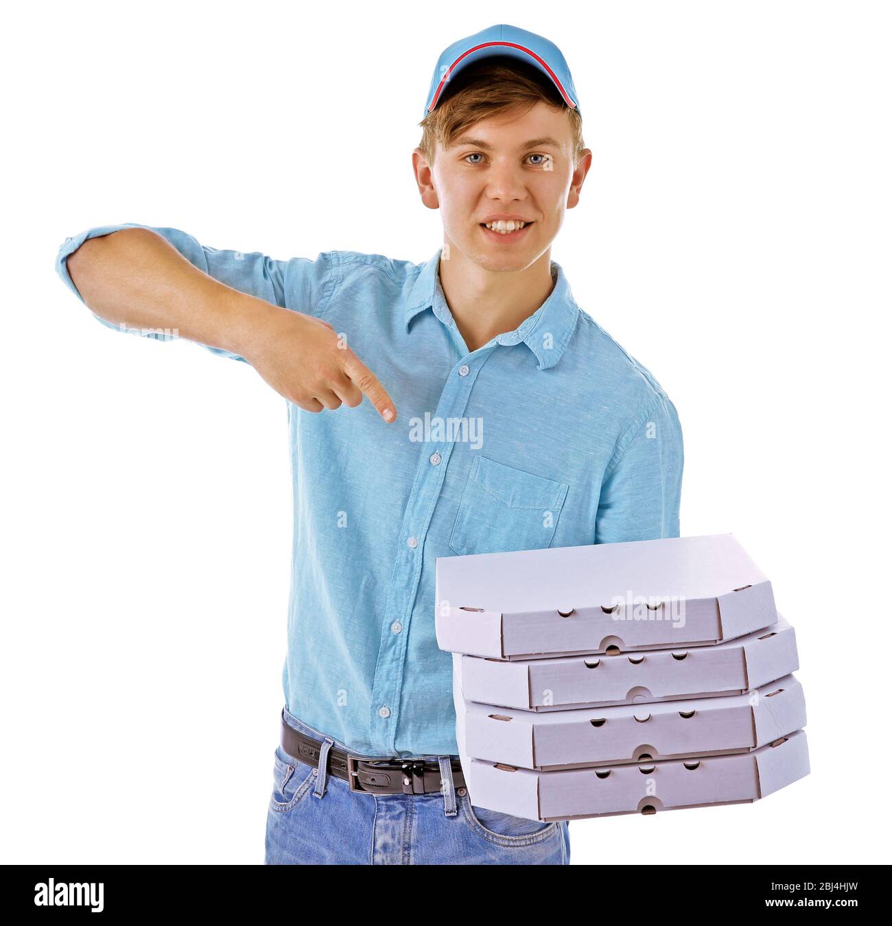 Delivery boy with cardboard pizza boxes isolated on white Stock Photo ...