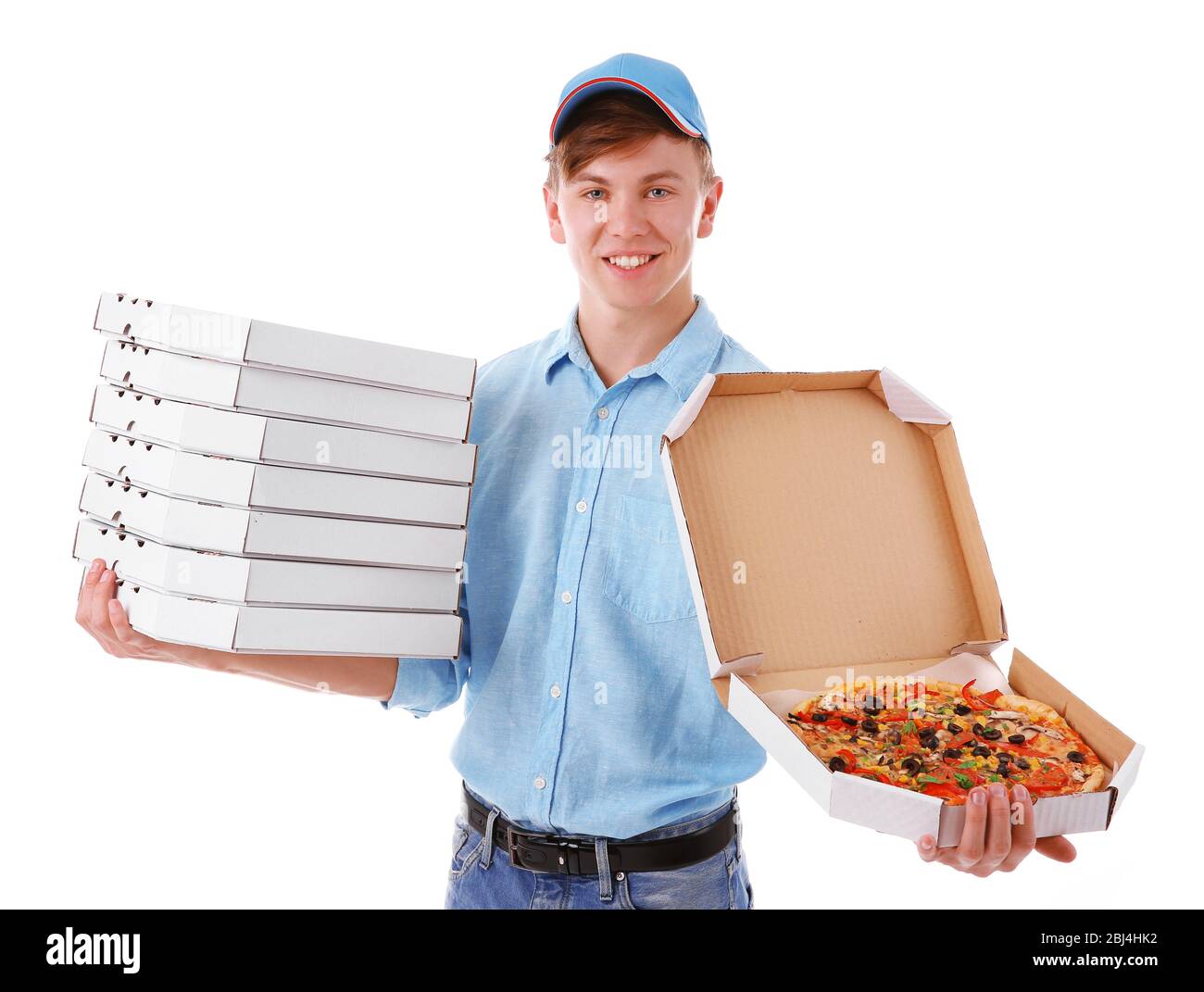Delivery boy with cardboard pizza boxes isolated on white Stock Photo ...