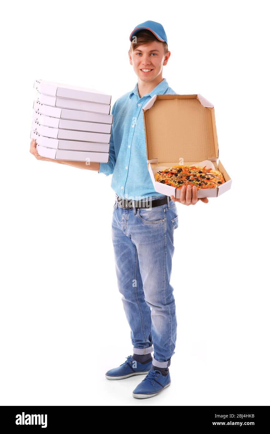 Delivery boy with cardboard pizza boxes isolated on white Stock Photo ...