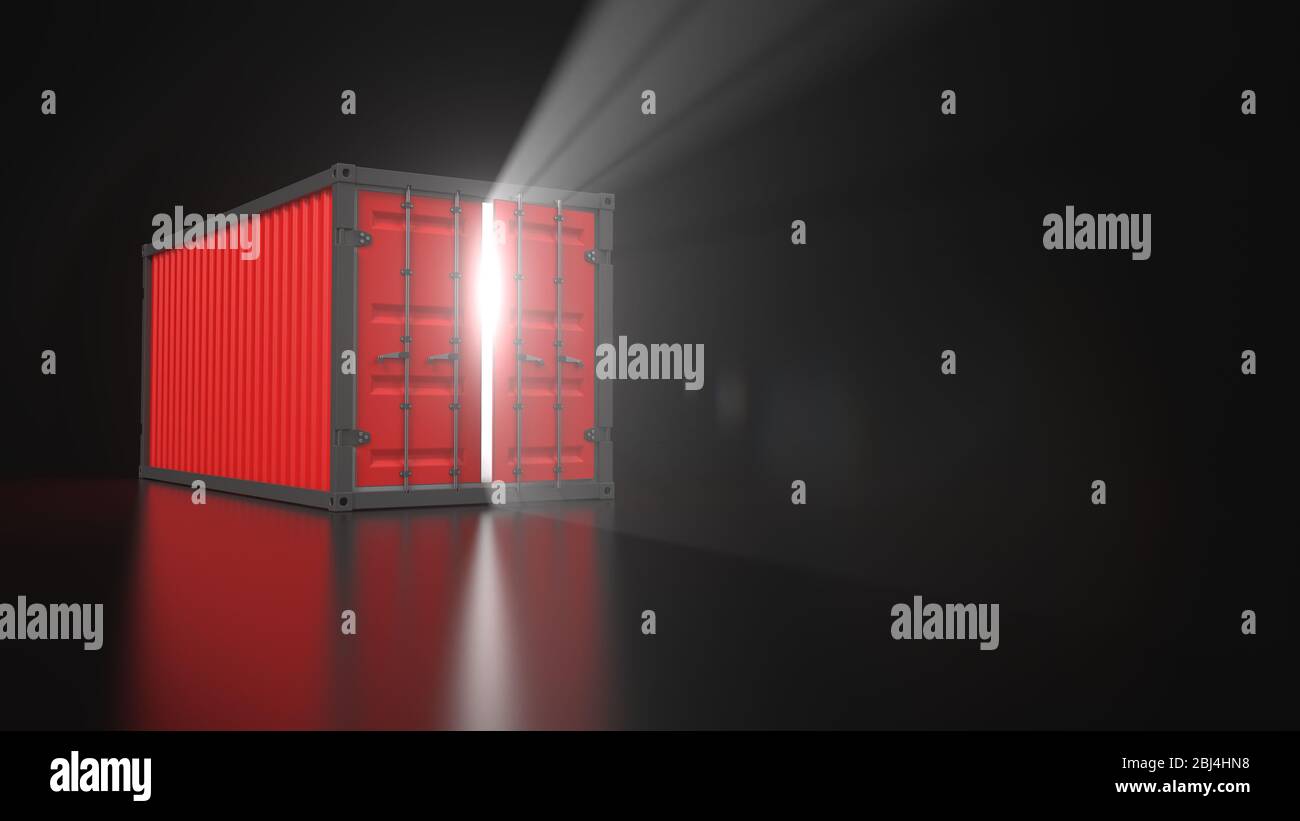 red shipping container in the dark with light rays from opened door. 3D ...
