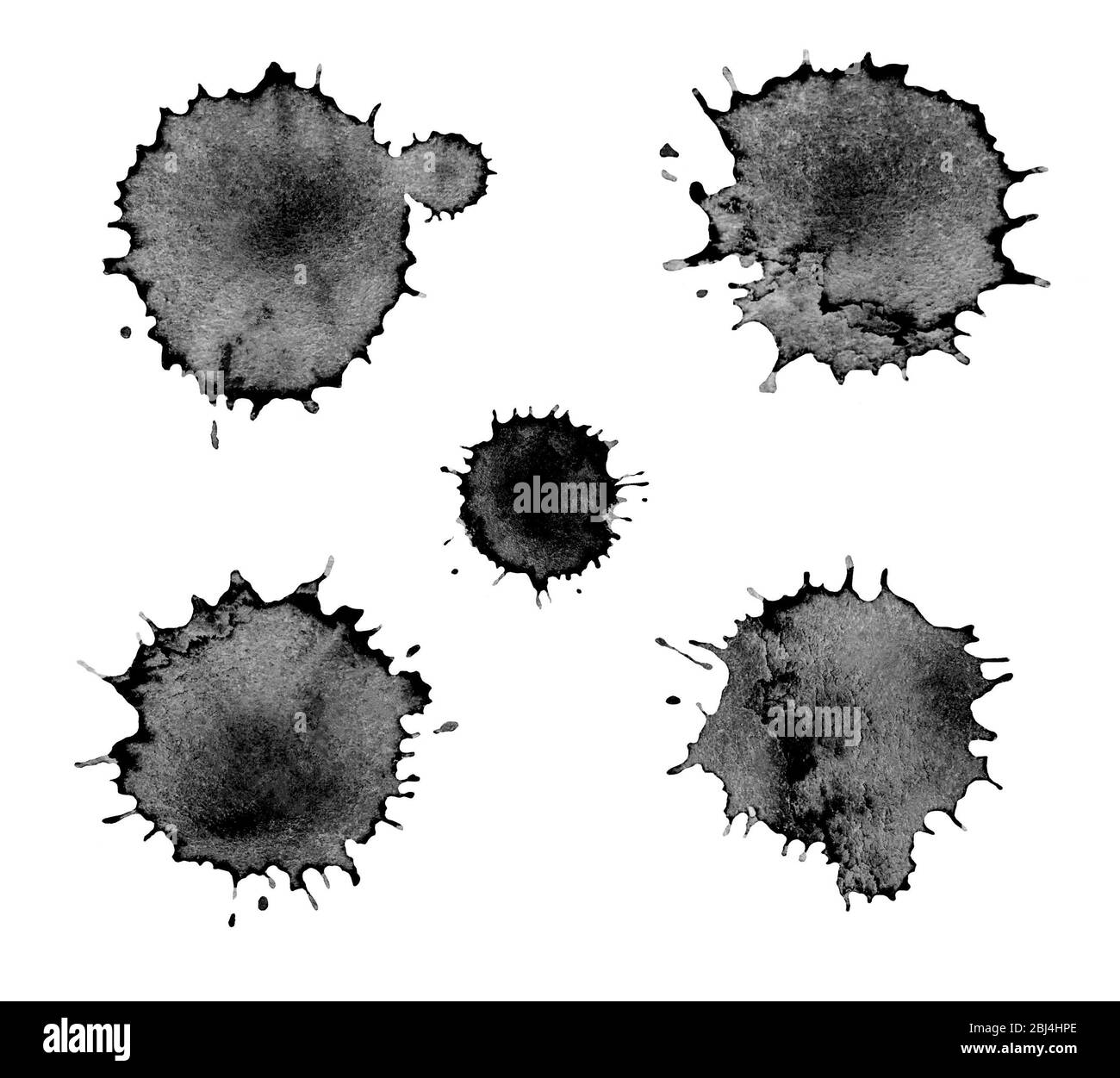 Black watercolor painted stains set. Set of watercolor black blobs isolated on white background ...