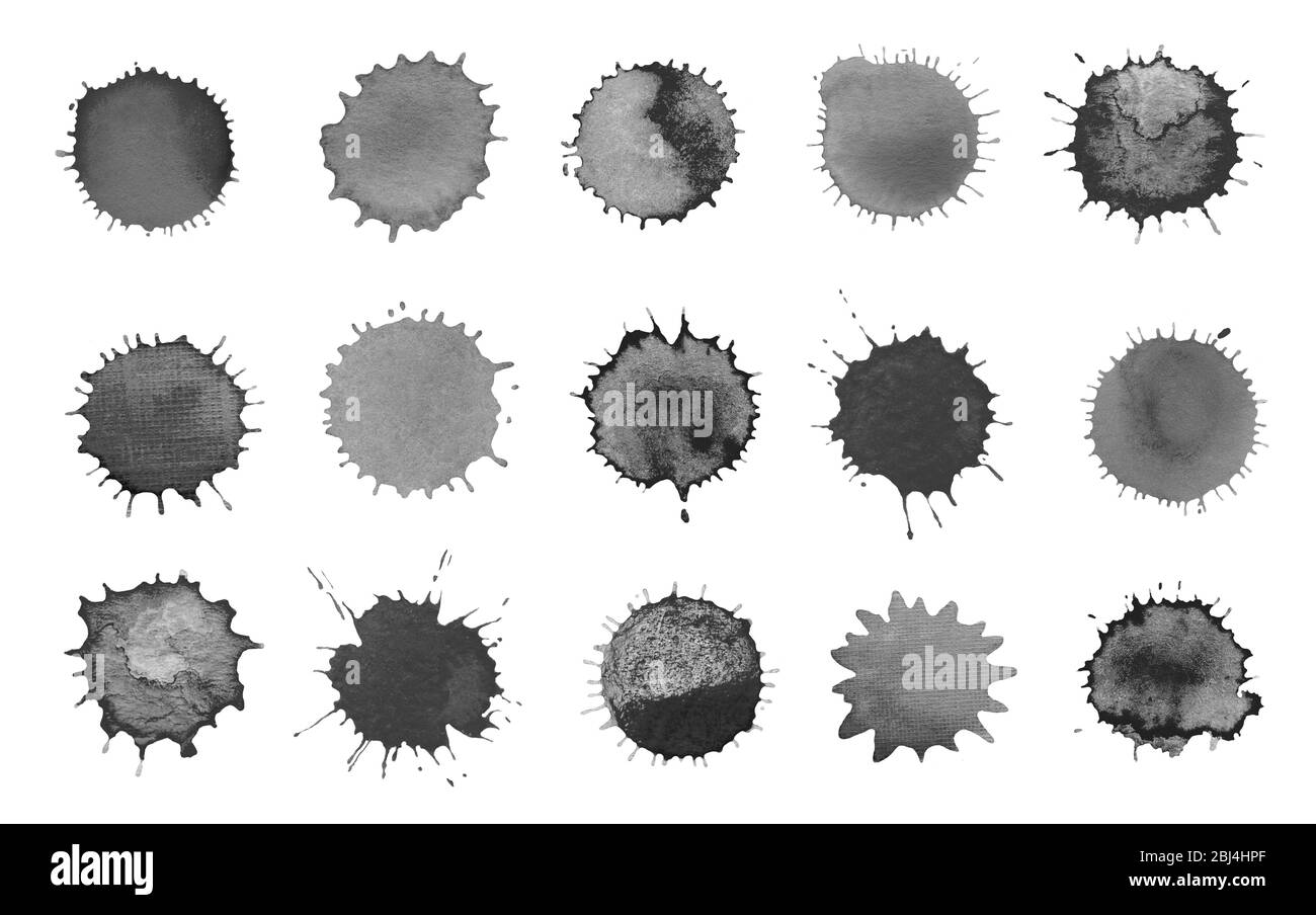 Black watercolor painted stains set. Set of watercolor black blobs isolated on white background ...