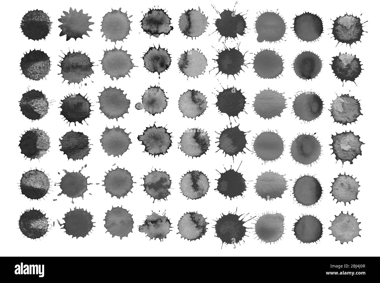 Black watercolor painted stains set. Set of watercolor black blobs isolated on white background ...