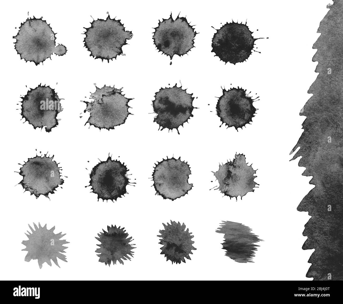 Black watercolor painted stains set. Set of watercolor black blobs isolated on white background ...