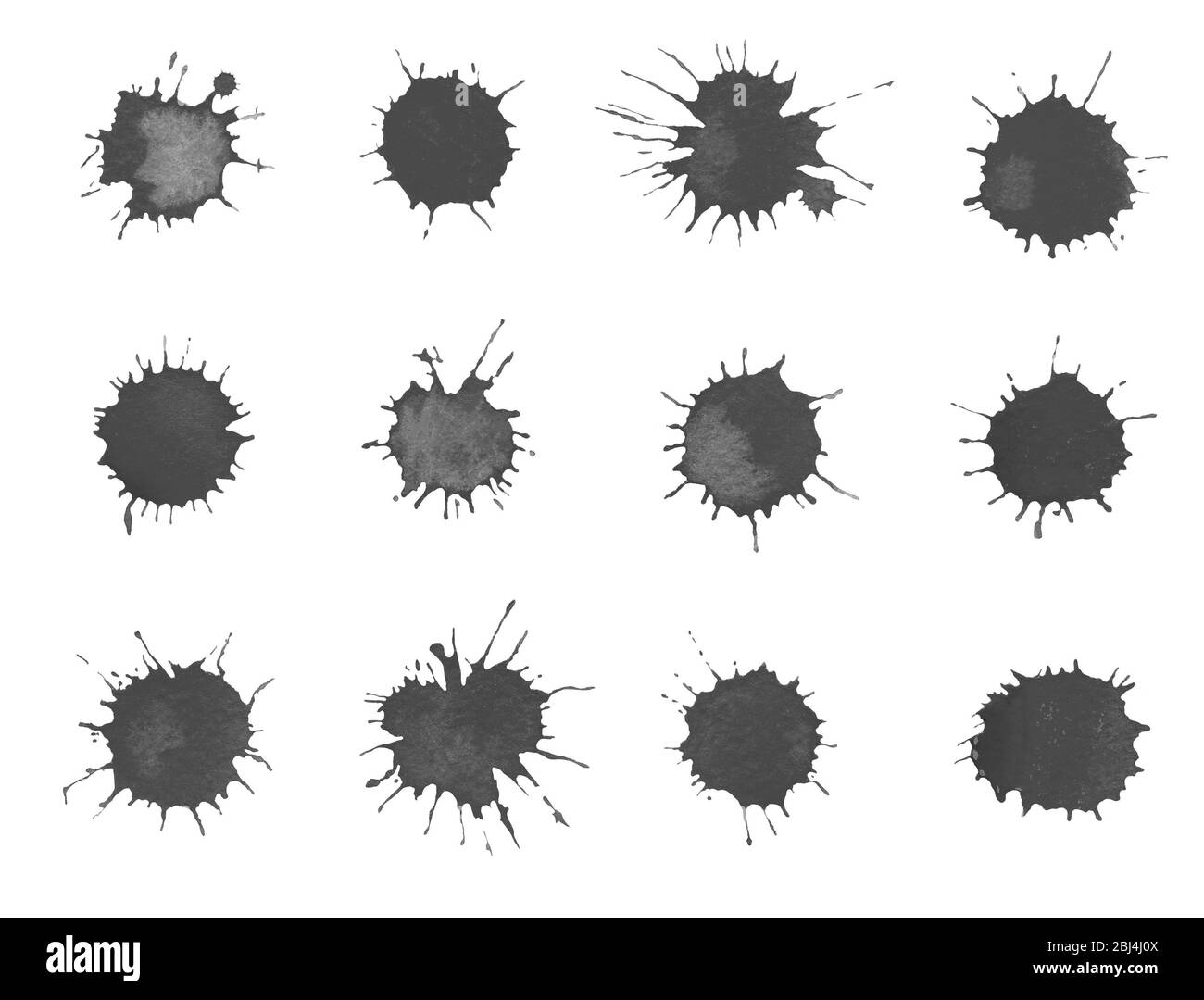 Black watercolor painted stains set. Set of watercolor black blobs isolated on white background ...