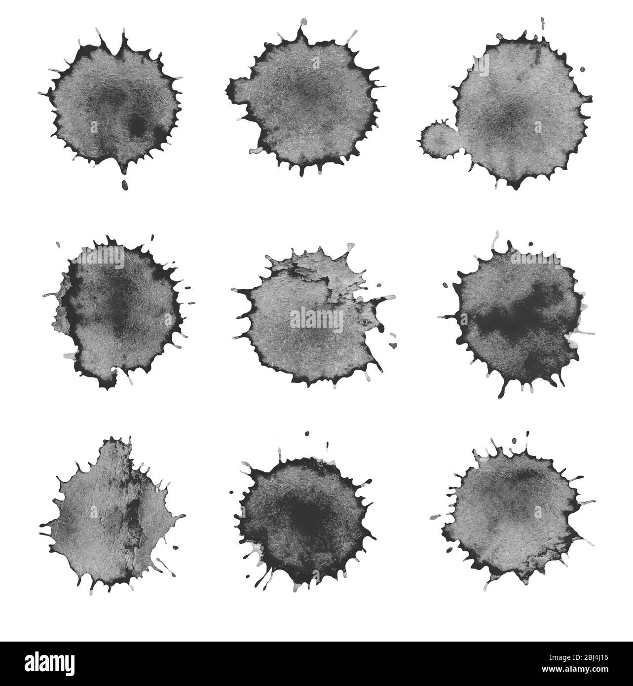 Black watercolor painted stains set. Set of watercolor black blobs isolated on white background ...
