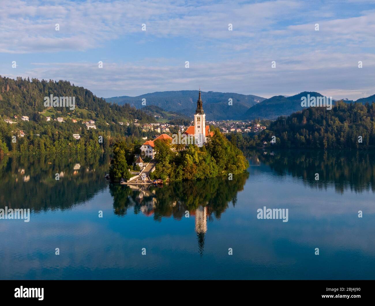 Aerial view of the Bled island in the morning Stock Photo - Alamy