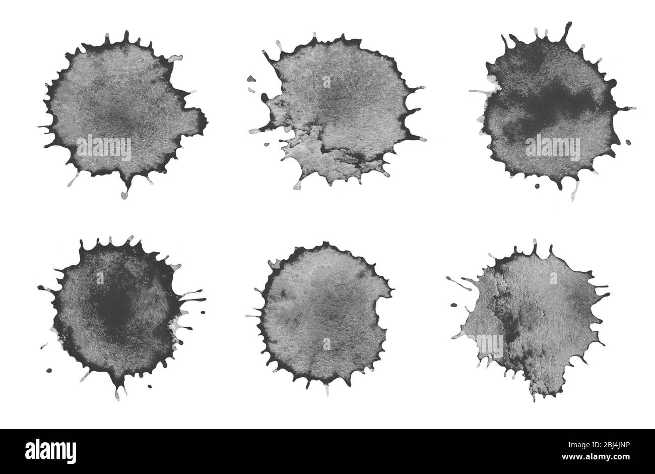 Black watercolor painted stains set. Set of watercolor black blobs isolated on white background ...