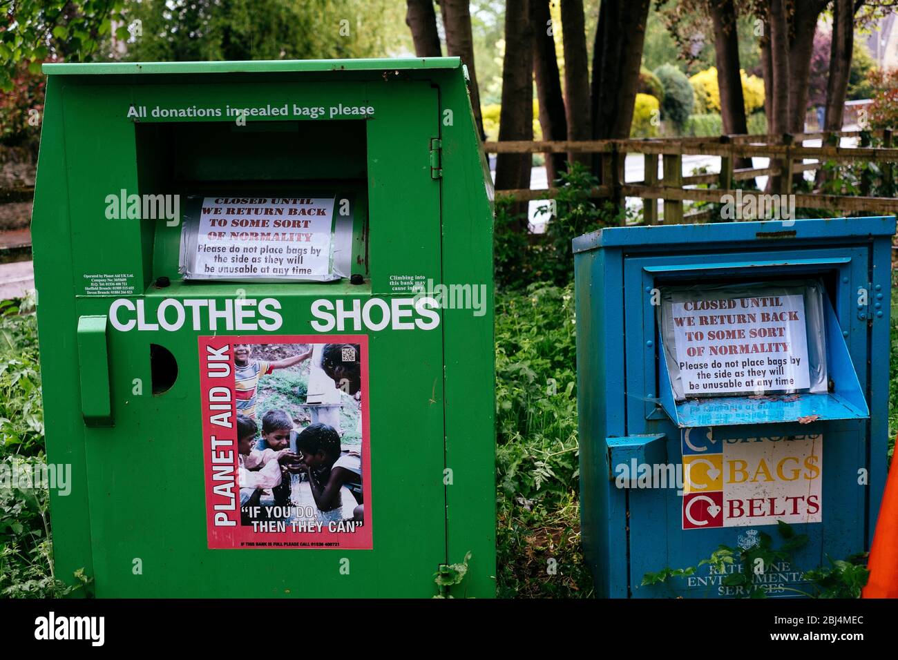 Closed recycling bins in Bugbrooke, Northamptonshire Stock Photo - Alamy
