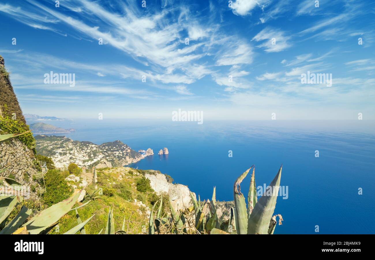 Aerial view of famous Faraglioni rocks from Monte Solaro at Capri ...