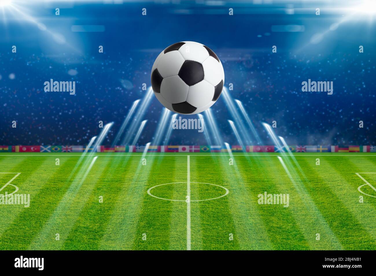 Abstract sports background - flying soccer ball, bright spotlights ...