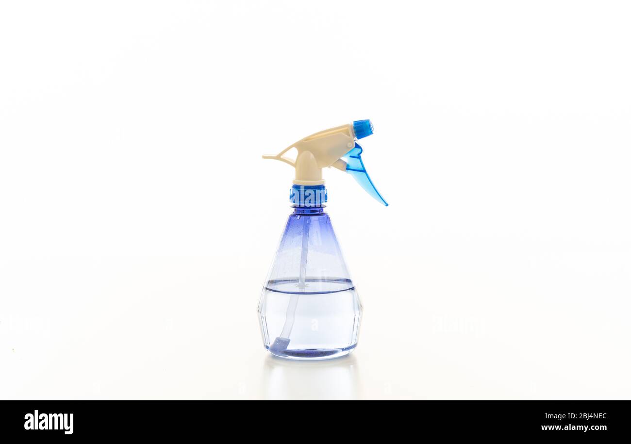 Cleaning spray bottle blue clear color with trigger isolated against ...