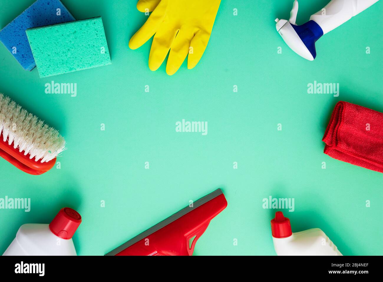Household cleaning background. Cleaning products flat lay, chemical ...