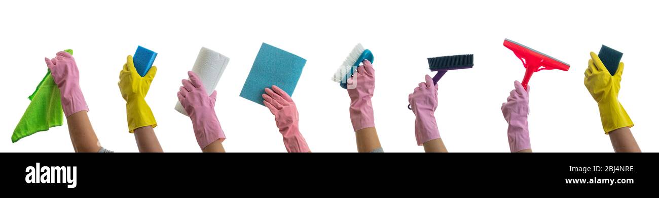 Cleaning, hand holding cleaning accessories isolated against white ...