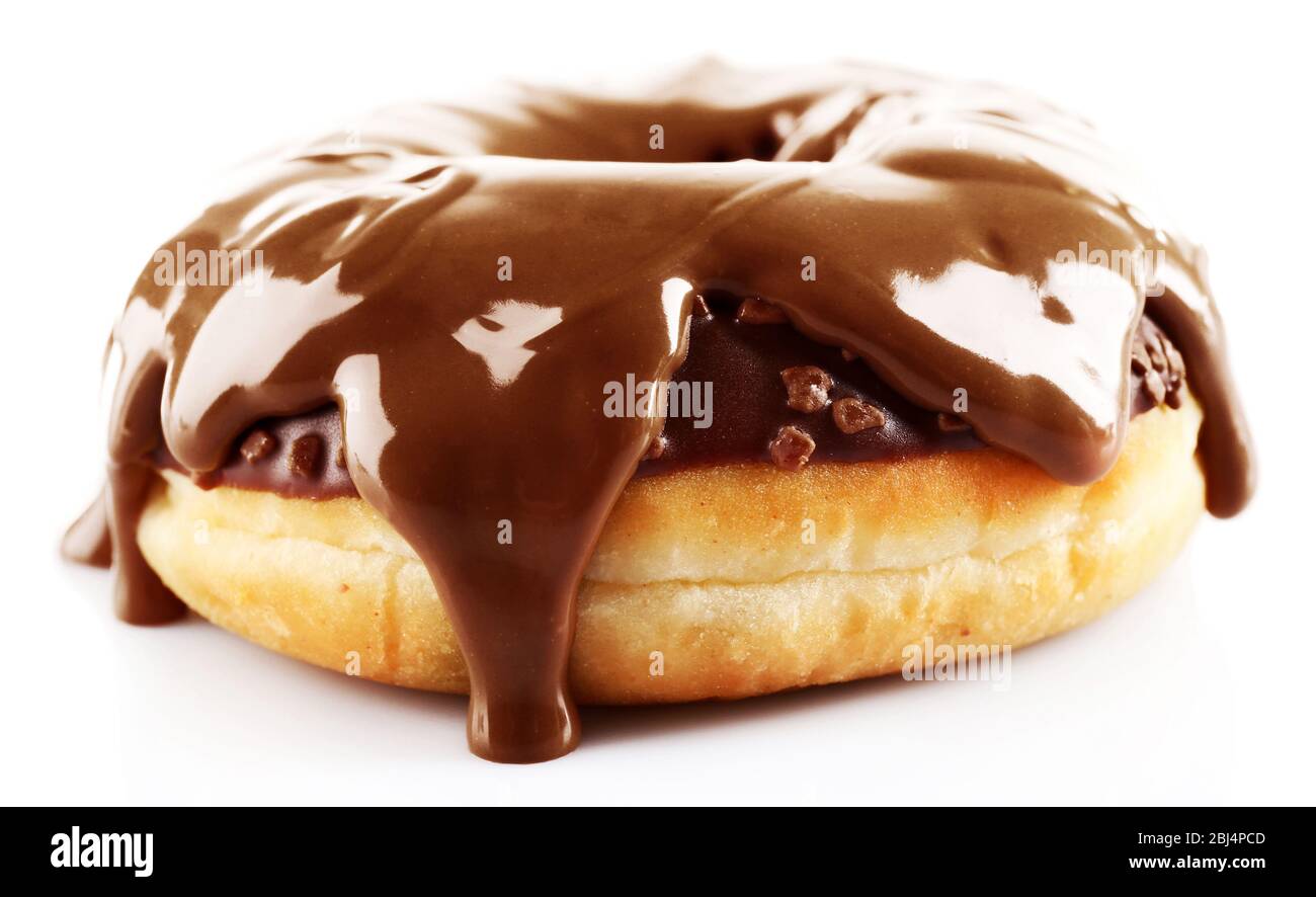 Delicious baked doughnut with melted chocolate topping, isolated on ...