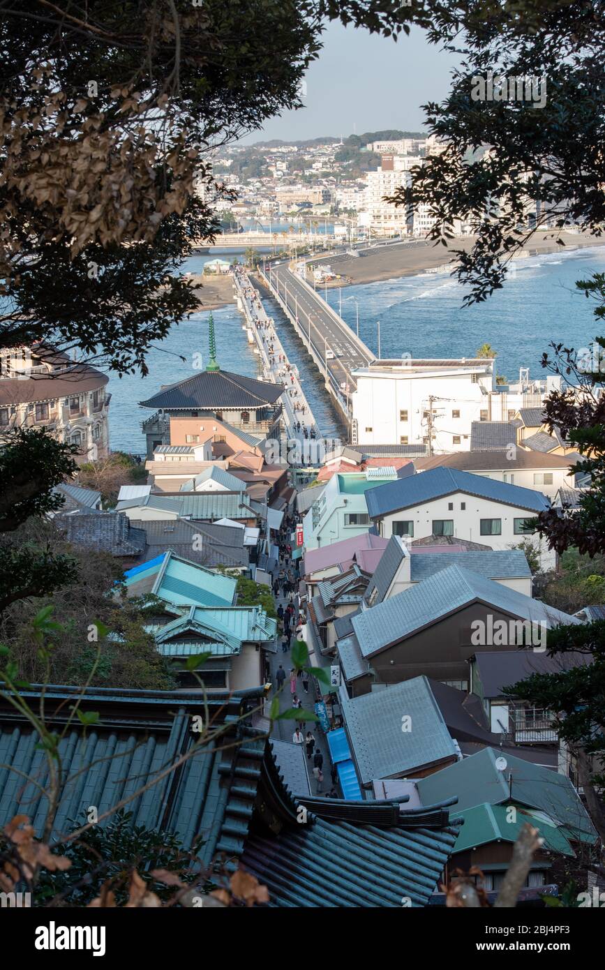 A view from Enoshima temple towards Henoshima city below Stock Photo ...