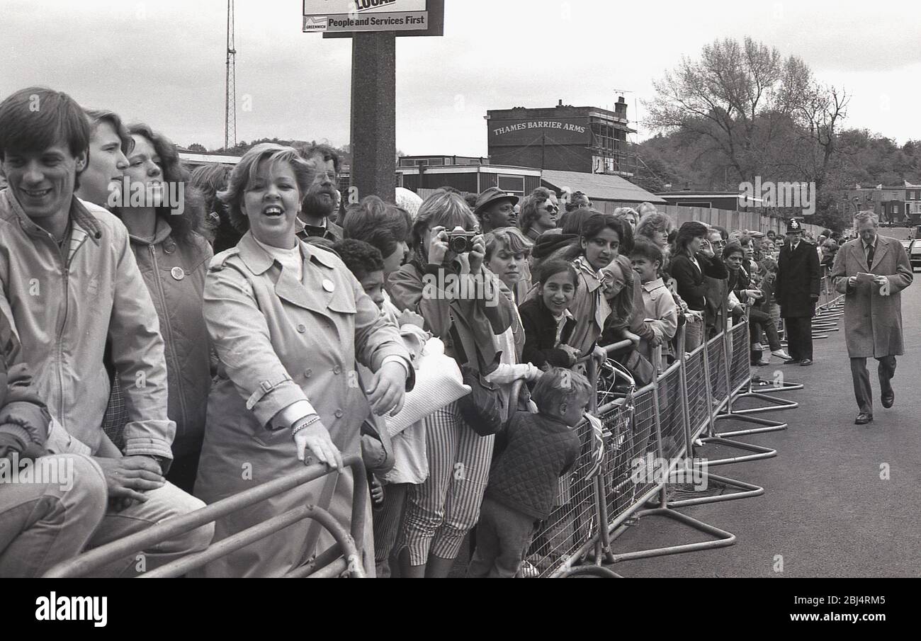 1984, historical, excited crowds at Charlton Riverside waiting for the ...