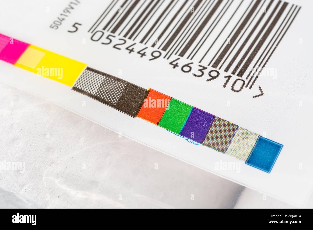 Colour registration strip on plastic packaging. For CMYK process ...