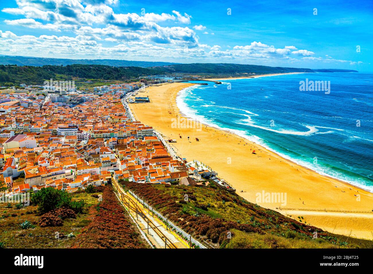 Nazare, Portugal: Panorama of the Nazare town and Atlantic Ocean seen ...