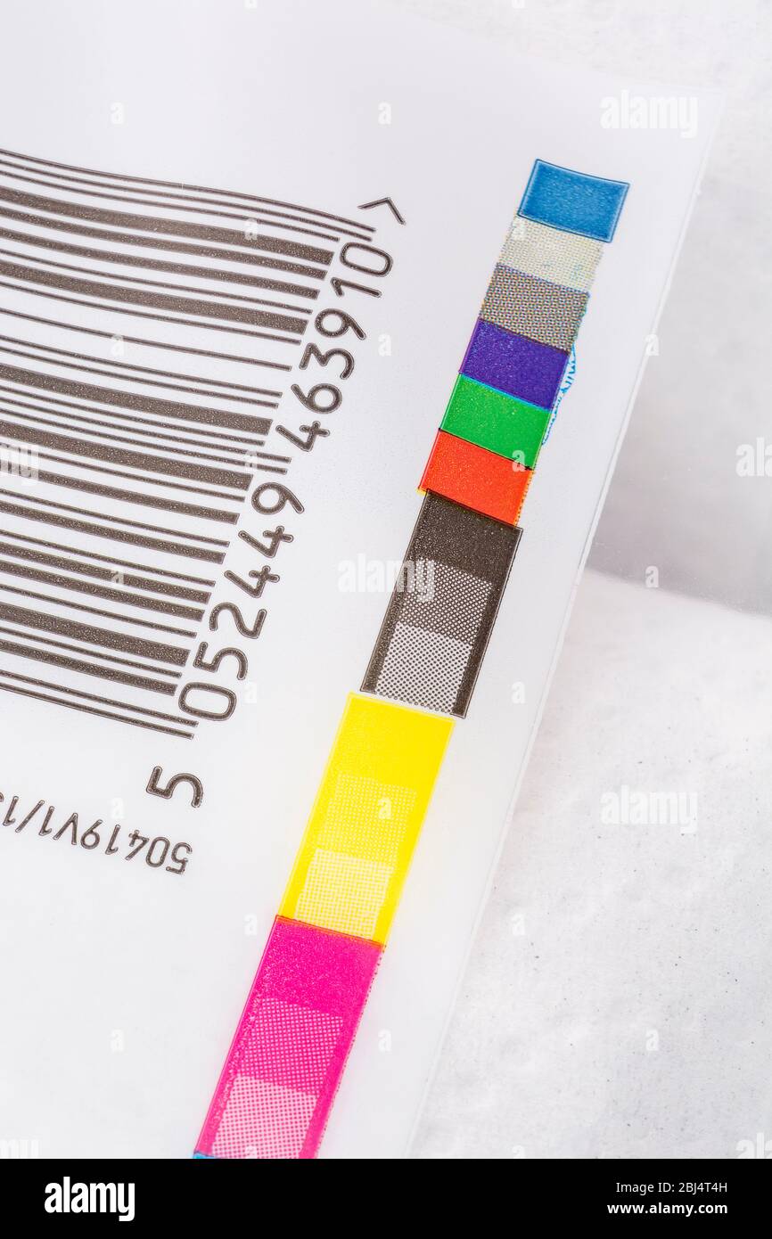 Colour registration strip on plastic packaging. For CMYK process ...