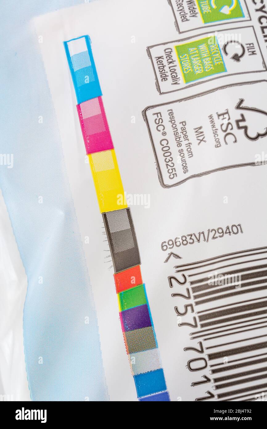 Colour registration strip on plastic packaging. For CMYK process ...