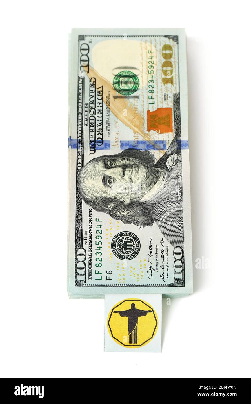 Pack with many hundred dollars for religious needs, isolated on white ...
