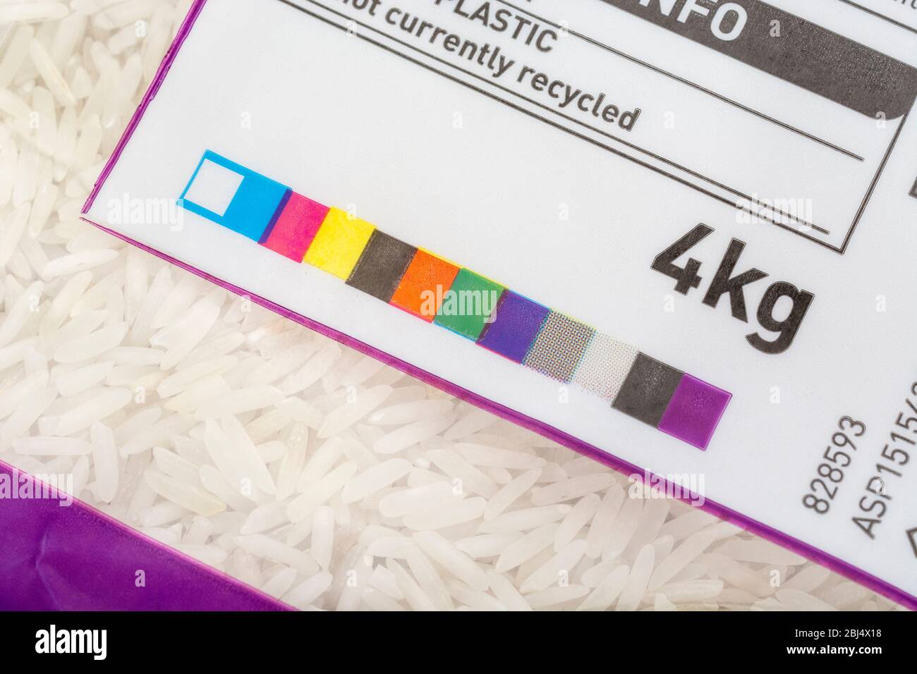 Colour registration strip on plastic packaging. For CMYK process ...