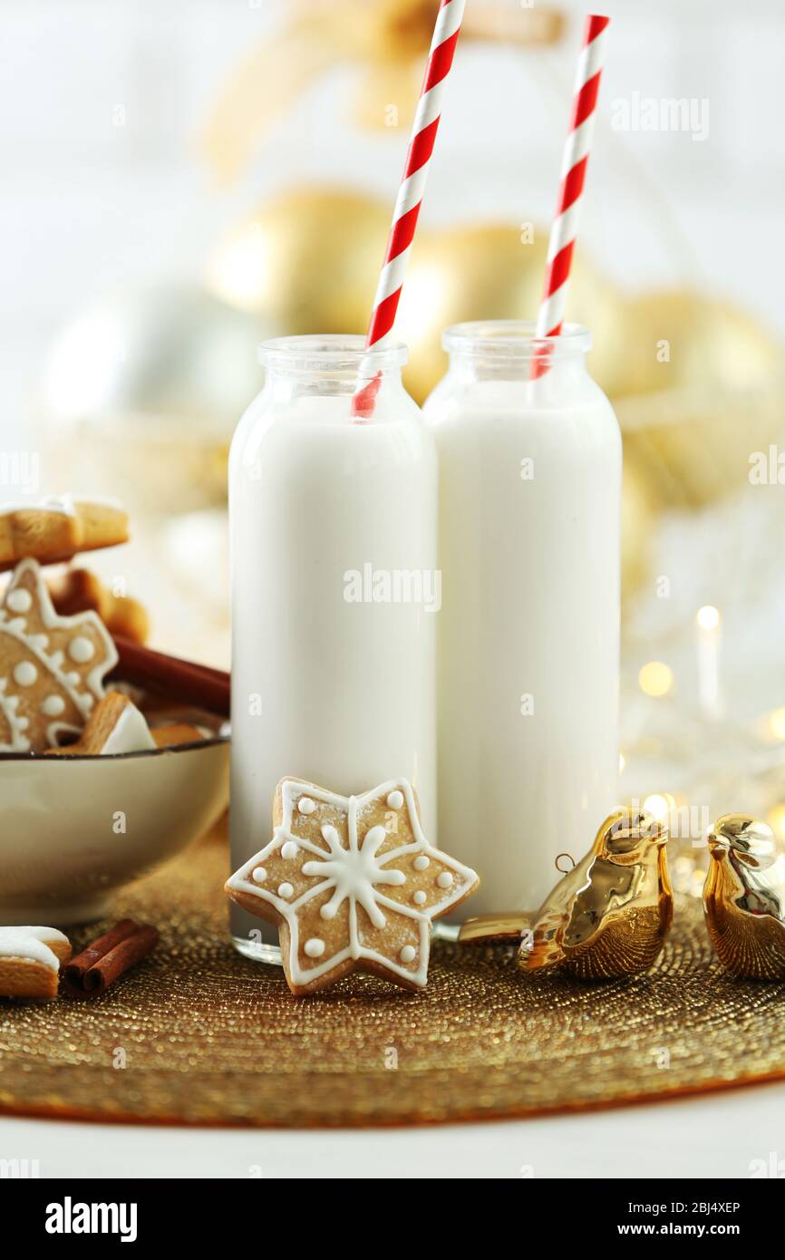Beautiful composition with Christmas cookies and milk Stock Photo - Alamy
