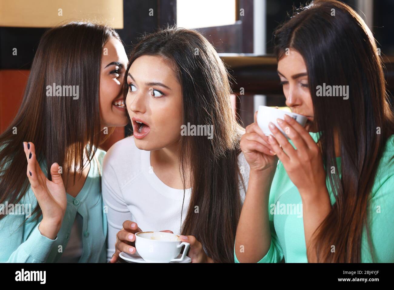 Beautiful girls gossip in cafe Stock Photo - Alamy