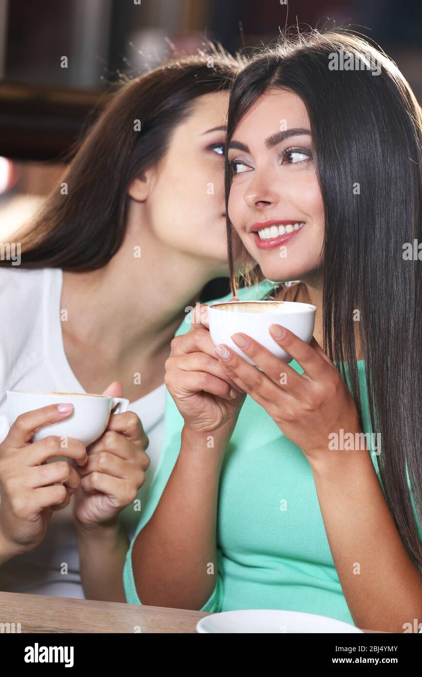 Beautiful girls gossip in cafe Stock Photo - Alamy