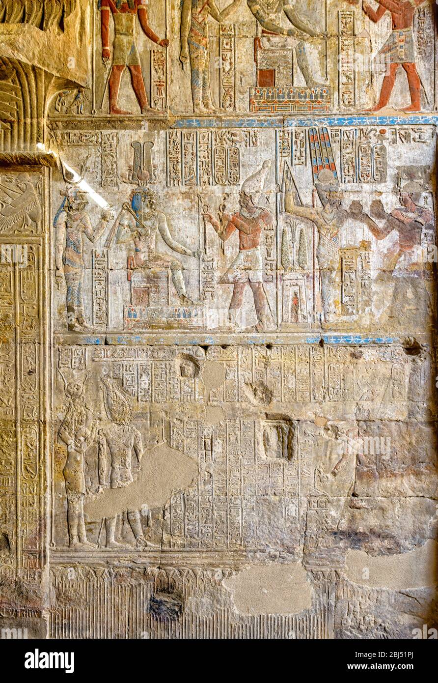 Colorful reliefs from the one of the walls of Opet Temple North Chapel ...