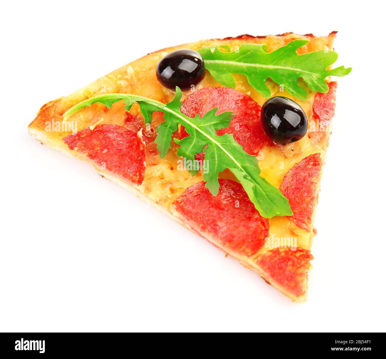Slice of pepperoni pizza with olives and arugula, isolated on white ...
