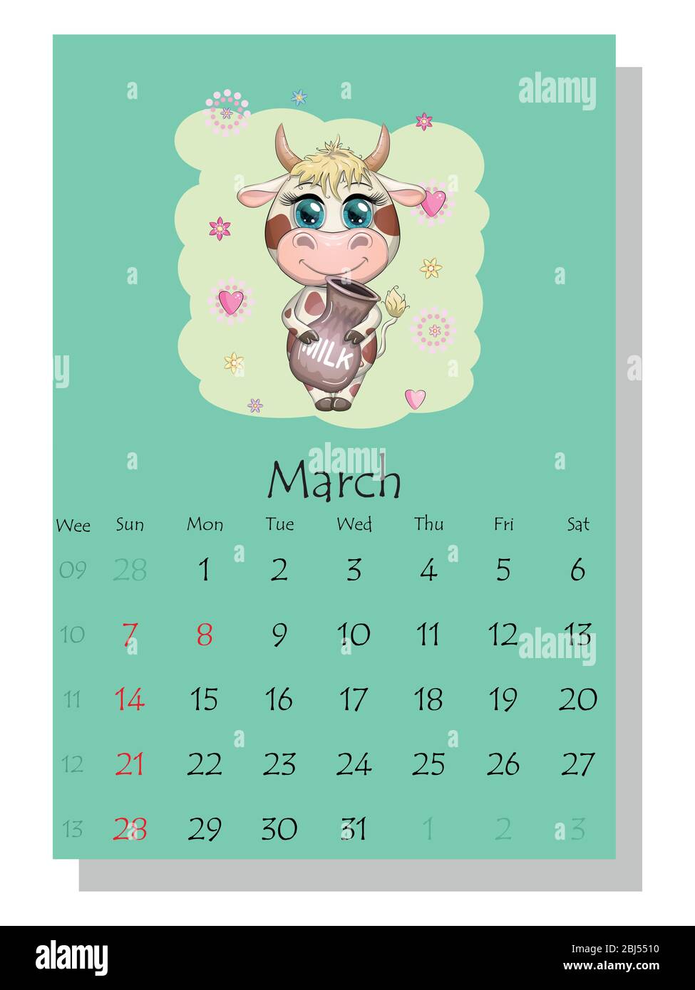Calendar 2021. Cute bull and cow for every month Stock Vector Image ...